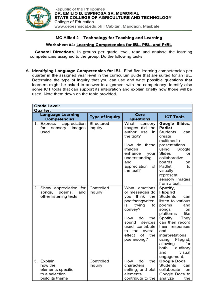 Worksheet 4 - Identification of Learning Competencies For Different ...