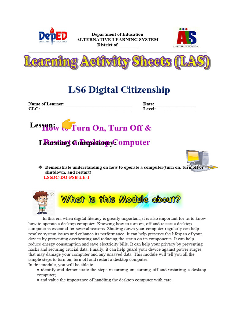 LS6 Lesson 3 How to Turn on Off Restart a Desktop Computer | PDF | Button (Computing) | Computer ...