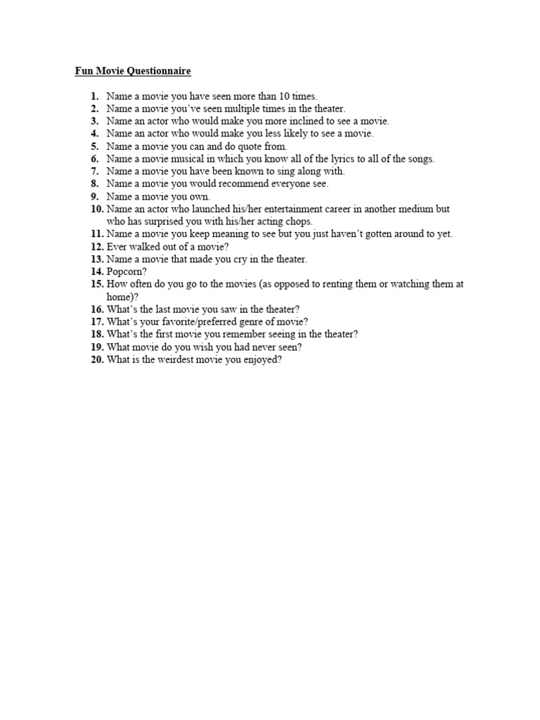 Fun Movie Survey Questions | PDF