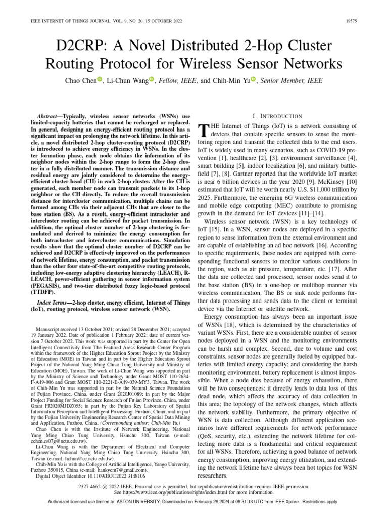 D2CRP A Novel Distributed 2-Hop Cluster Routing Protocol For Wireless Sensor Networks | PDF ...
