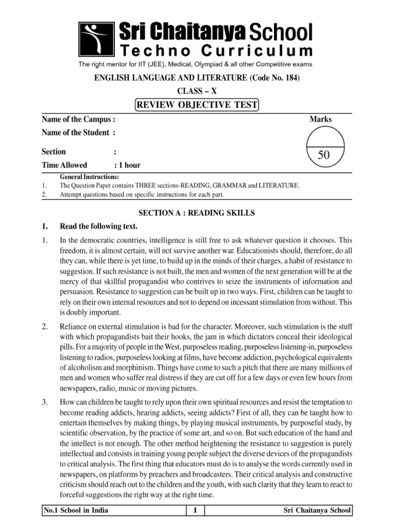 CBSE English Class X Review Objective Test | PDF