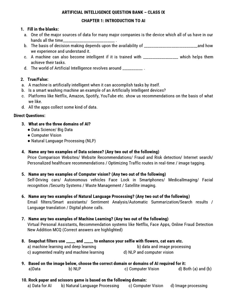 Grade Ix Artificial Intelligence Chapter-1 Question Bank | PDF ...