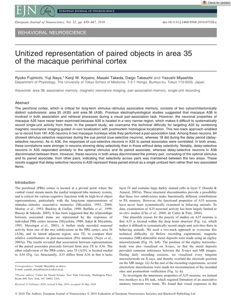 Eur J of Neuroscience - 2010 - Fujimichi - Unitized Representation of Paired Objects in Area 35 ...