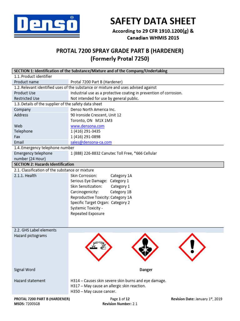 Protal 7200 Spray Grade Part B (Formerly 7250) SDS GHS Rev 025 | PDF | Dangerous Goods | Toxicity