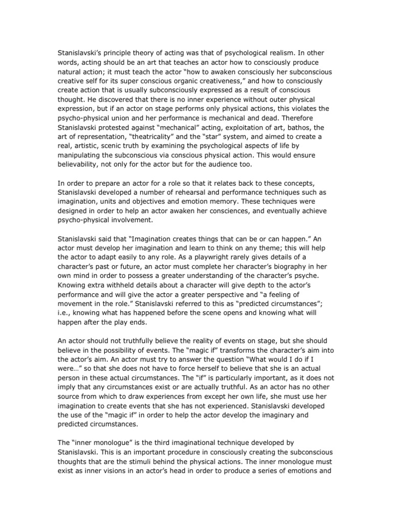 Stanislavskis Principle Theory of Acting Was That of Psychological ...