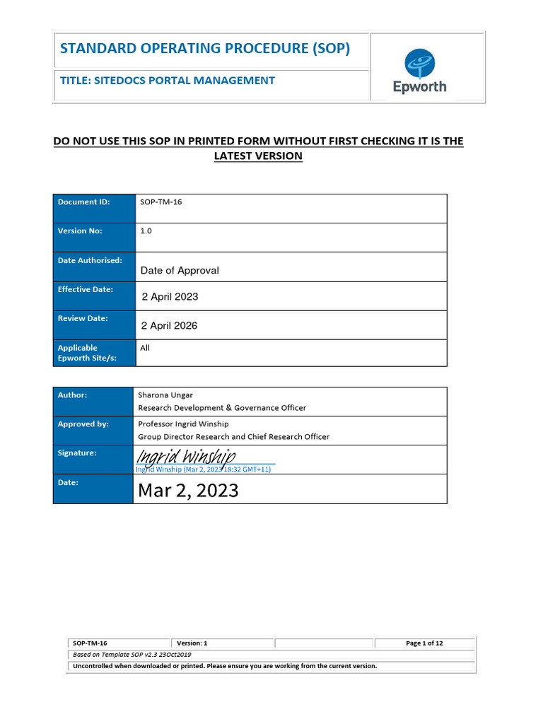 SOP TM 16 SiteDocs Portal Management v1 2march2023 | PDF | Clinical Trial | Computer File