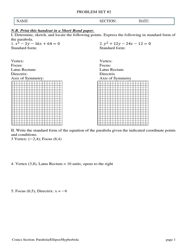 PROBLEM SET 2 (Parabola To Hyperbola) | PDF