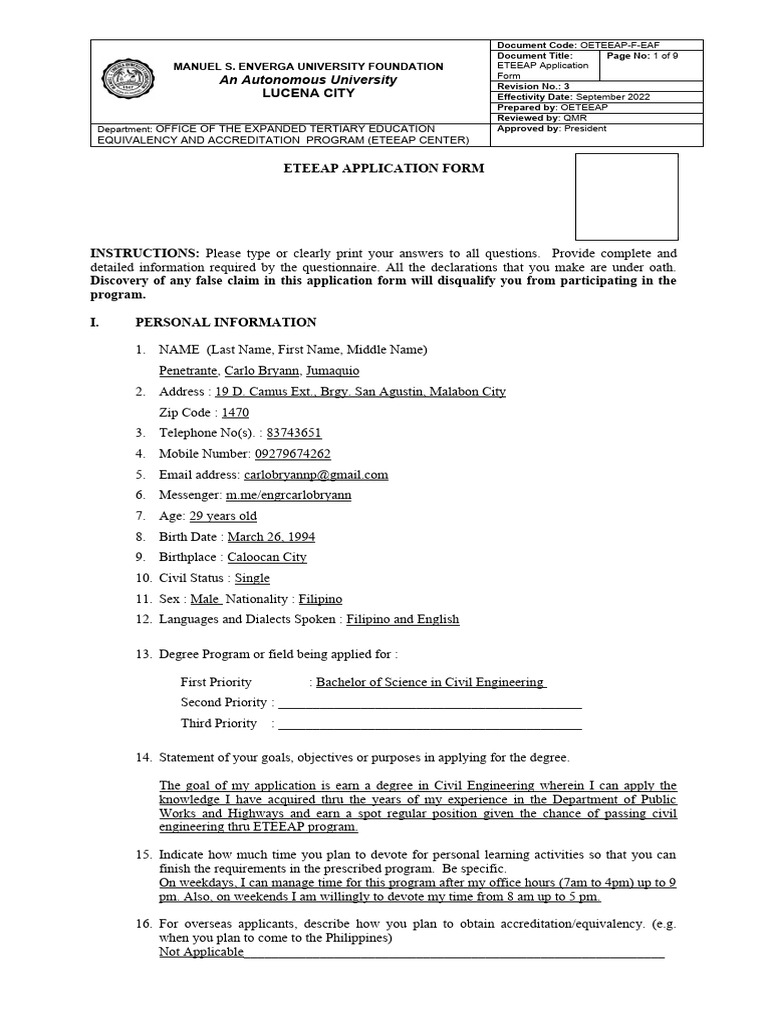 1_ETEEAP_Application_CARLO | PDF | Academic Degree | Learning