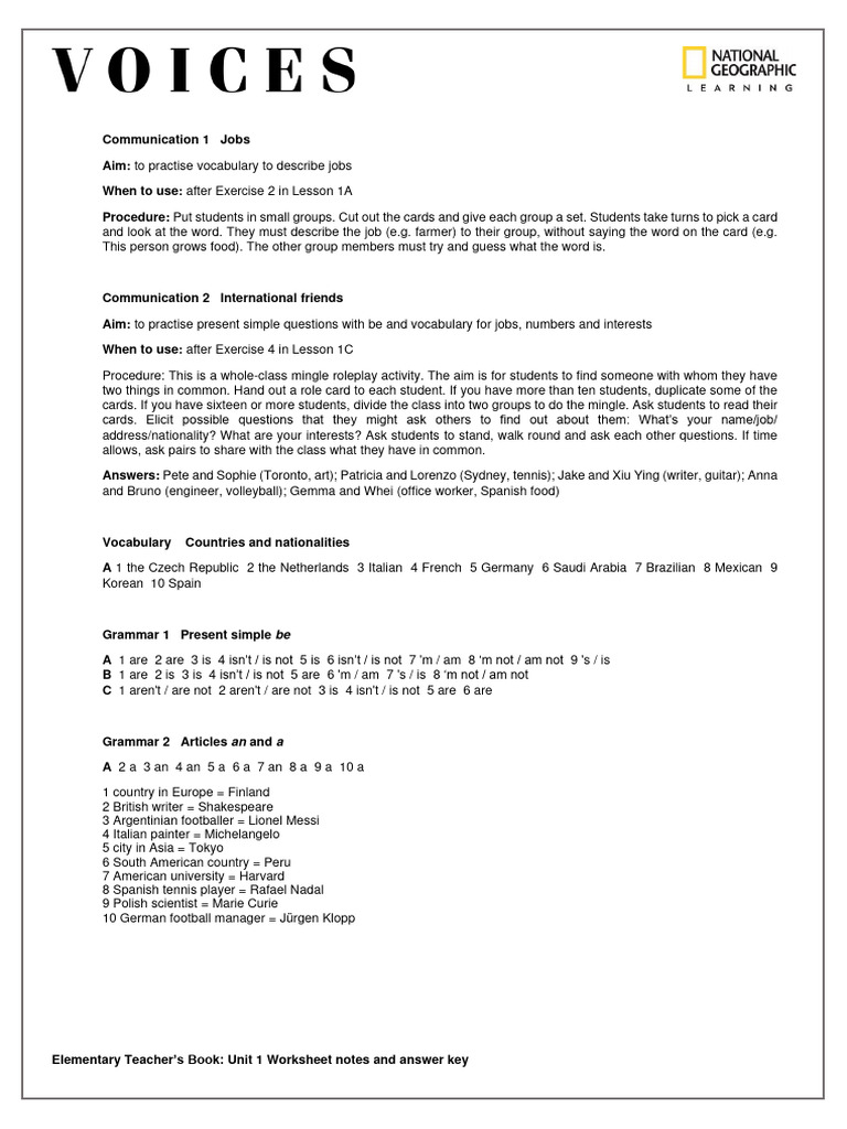 Voices Elementary Unit 1 Worksheets Notes and Answer Key | PDF