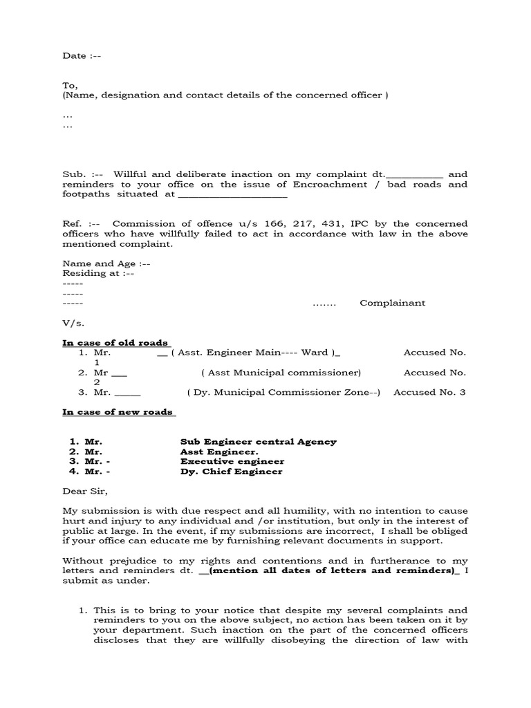 Draft Notice to Prosecute Officers U-s 166, 217, 431 IPC | PDF | Crime ...
