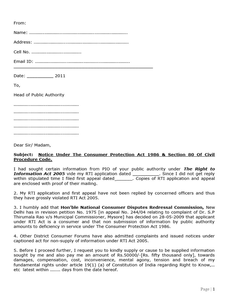 Notice to PA for deficiency of service for denial of Info under RTI | PDF