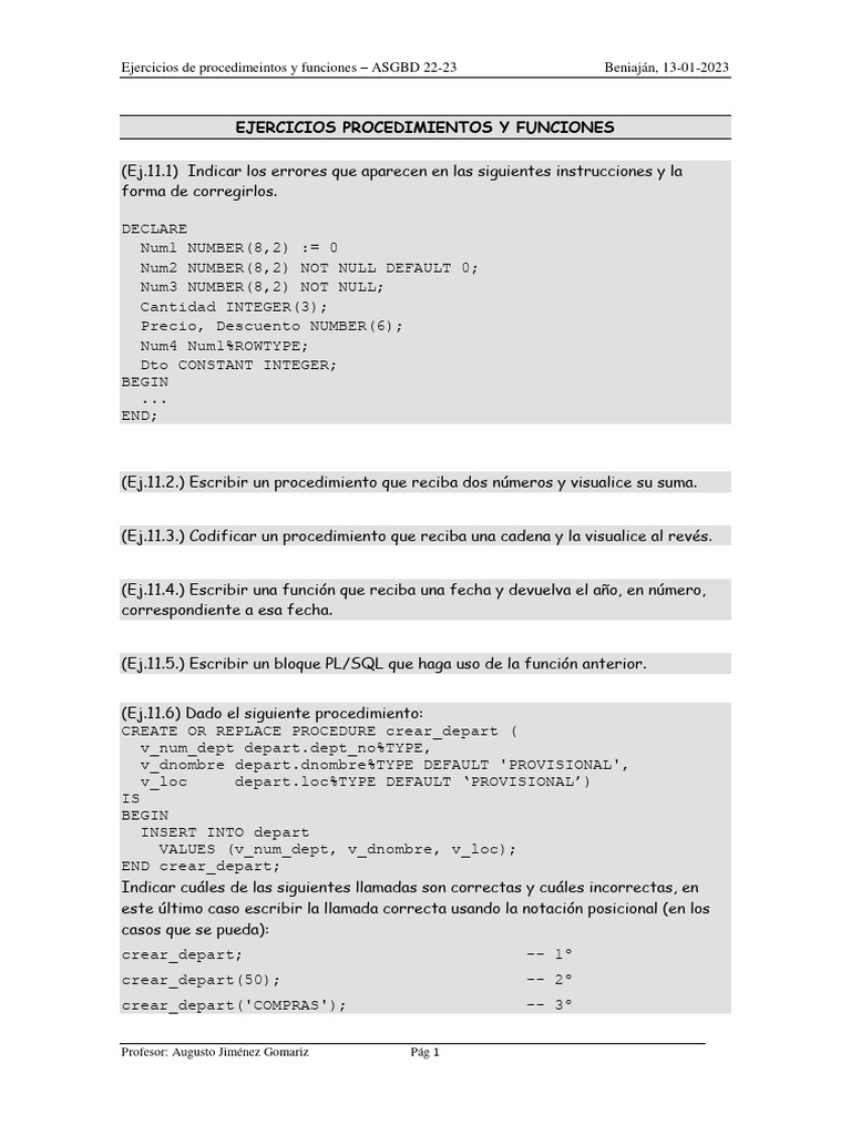 Ejercicios Procedimientos y Funciones | PDF | Pl / Sql | SQL