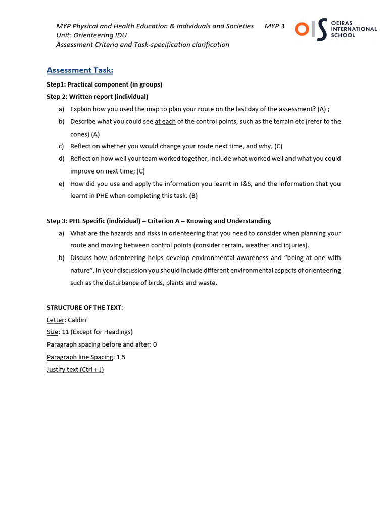IB MYP PHE assessment task | PDF