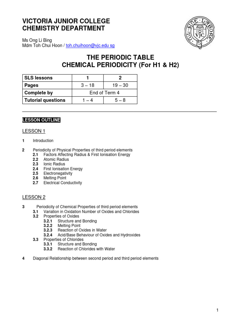 2023 H1 H2 Periodic Table_notes and tutorial | PDF