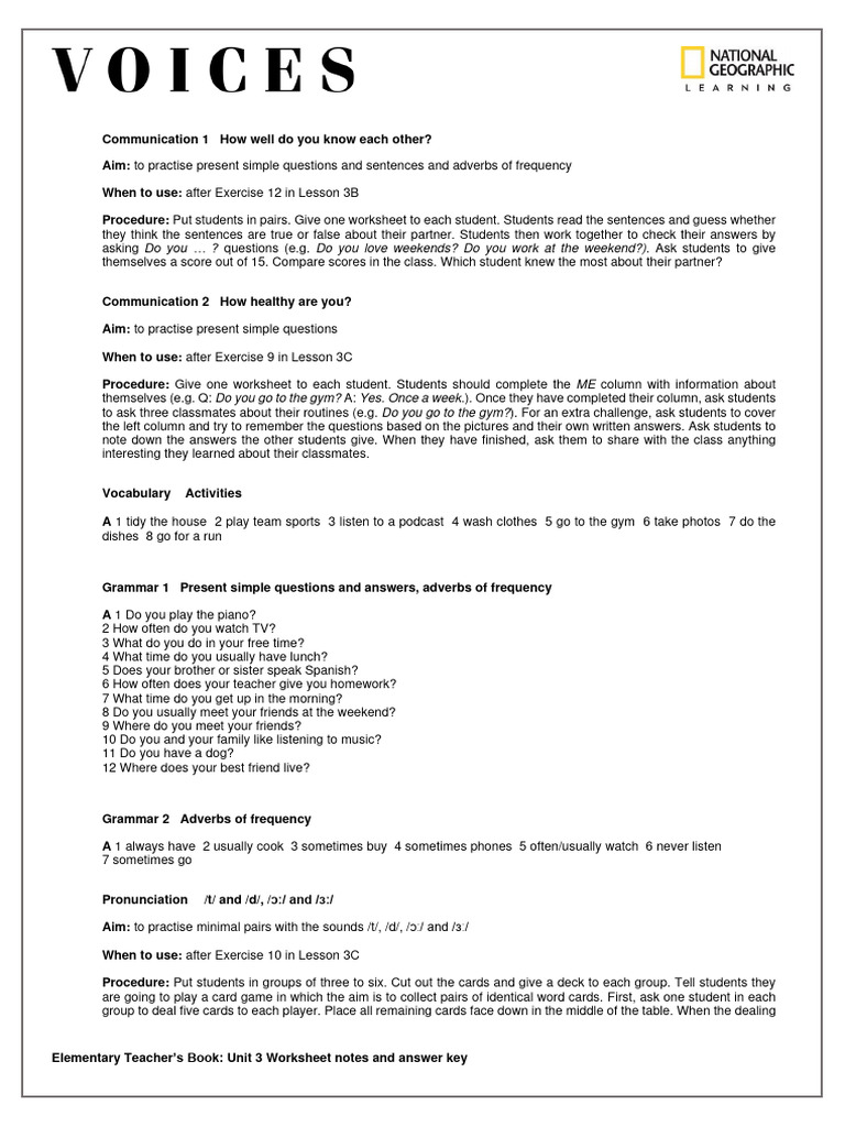 Voices Elementary Unit 3 Worksheets Notes and Answer Key | Download ...