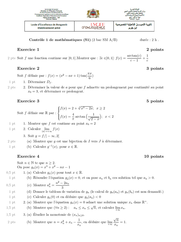 Contrôle de maths S1 - Bac SM A/B | PDF