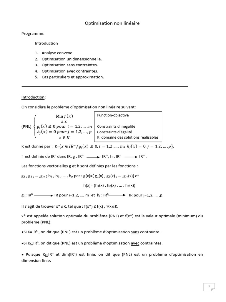 Cours sur l'optimisation non linéaire | PDF