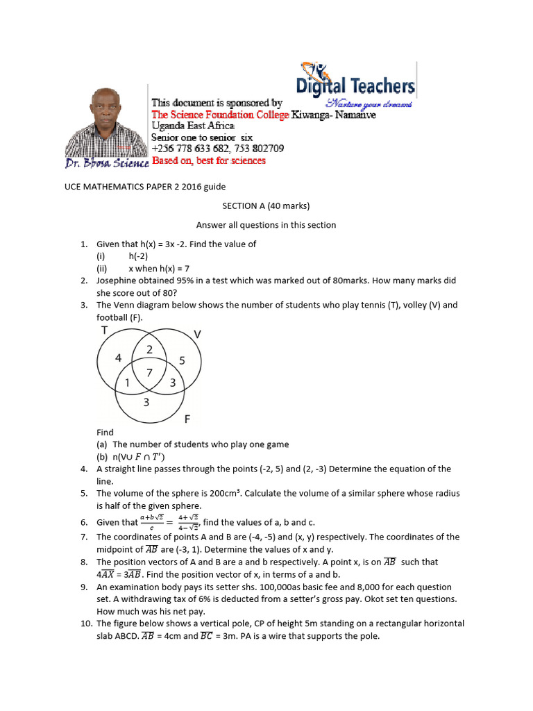 UCE MATHEMATICS PAPER 2 2016 Marking Guide O Level | PDF | Sphere ...