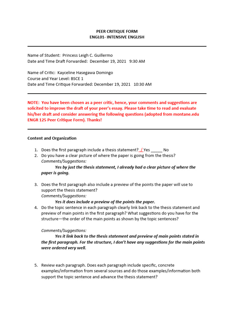 Peer Critique Form | Download Free PDF | Writing | Human Communication