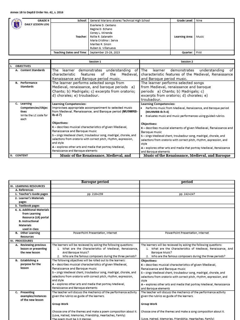 DLL Music Q1W5 | PDF | Songs | Baroque Music