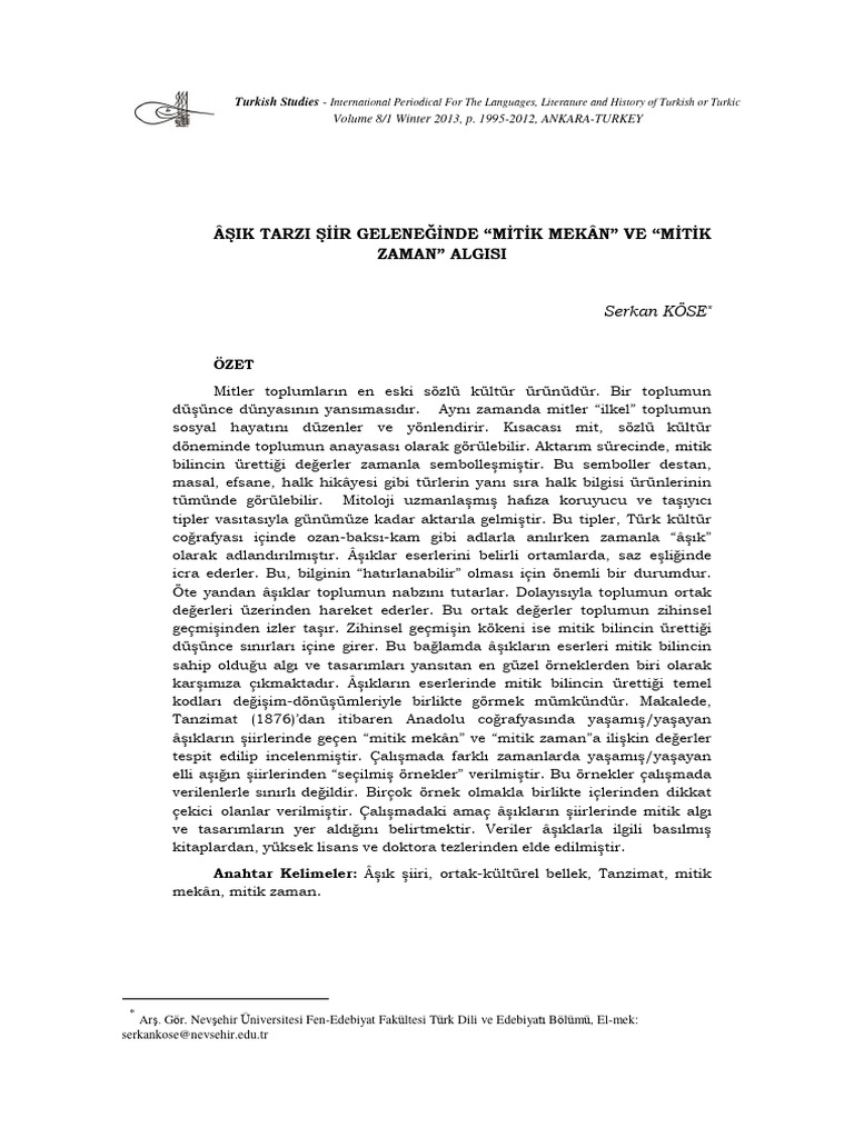 Aşık Tarzı Şiir Geleneğinde Mitik Mekan Ve Mitik Zaman (TR DİZİN) | PDF