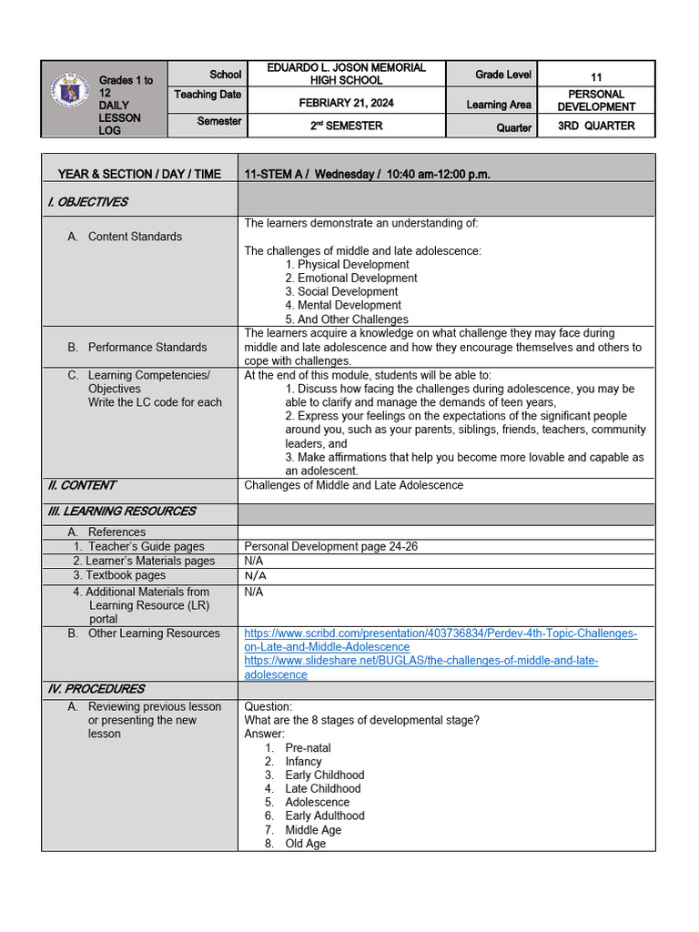 Daily Lesson Plan Group 4 | PDF | Adolescence | Learning