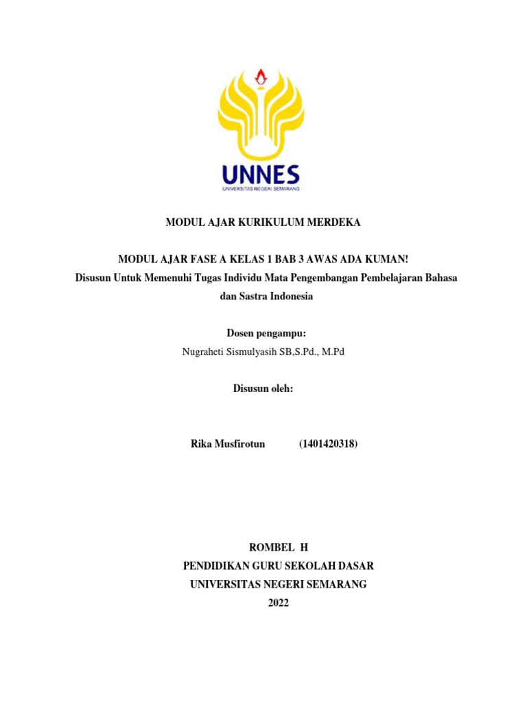 Rika - MODUL AJAR KELAS 1 AWAS ADA KUMAN | PDF