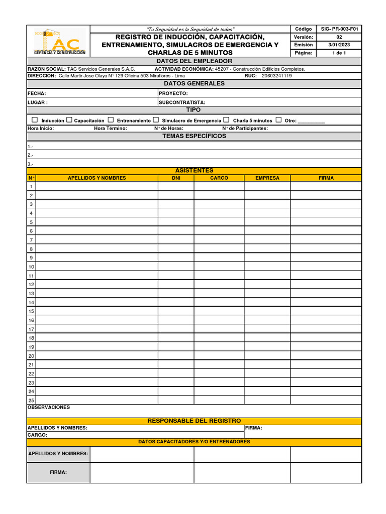 SIG-PR-003-F01 - Registro de Induccion - TAC GYC SAC | PDF