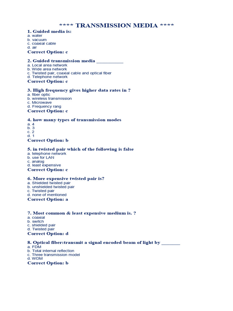 MCQ (CN) - Transmission Media - Topology | PDF | Network Topology | Transmission Medium