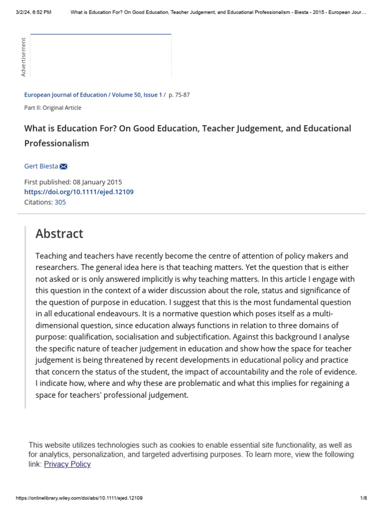 What is Education For_ On Good Education, Teacher Judgement, and ...