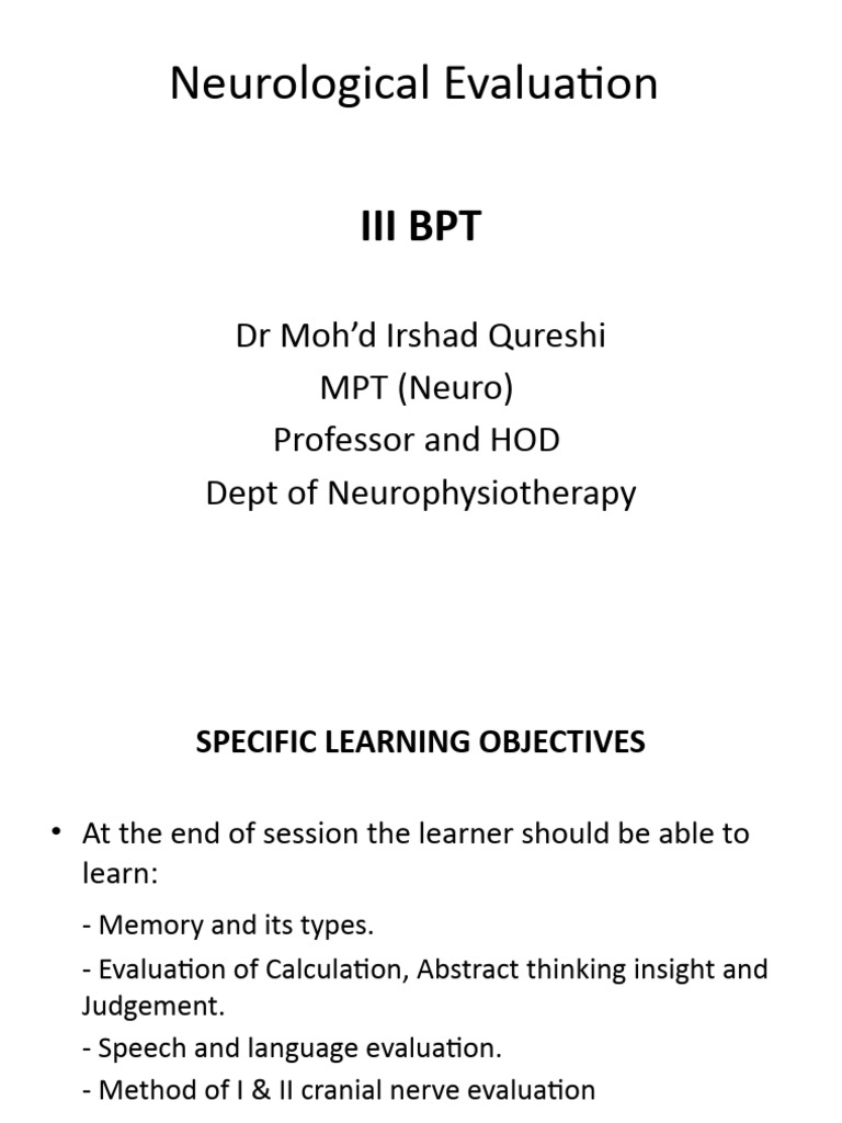 Neurological Evaluation Techniques Guide | PDF | Recall (Memory) | Memory