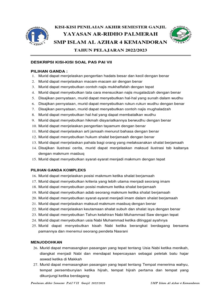 Deskripsi Kisi - Kisi PAS PAI 7 - 2022 | PDF