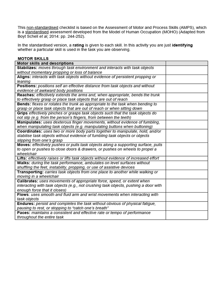 MOTOR and Process SKILLS Checklist From AMPS | PDF | Cognitive Science