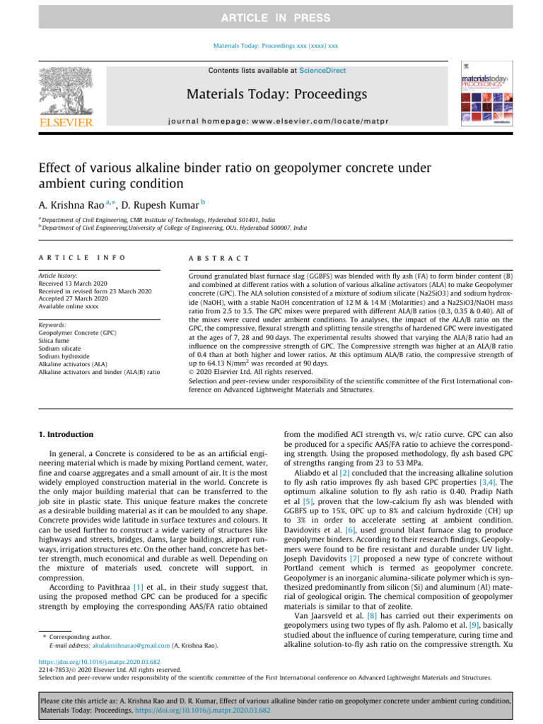 Alkaline Binder Ratio Impact on Geopolymer Concrete | PDF | Concrete ...