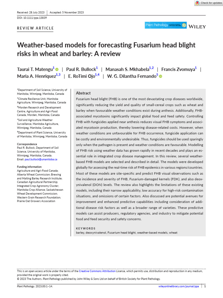 Plant Pathology - 2023 - Matengu - Weather Based Models For Forecasting ...