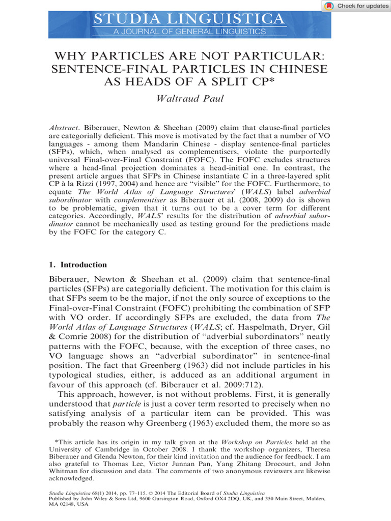 Paul 2014 - Why Particles Are Not Particular Sentence Final Particles ...