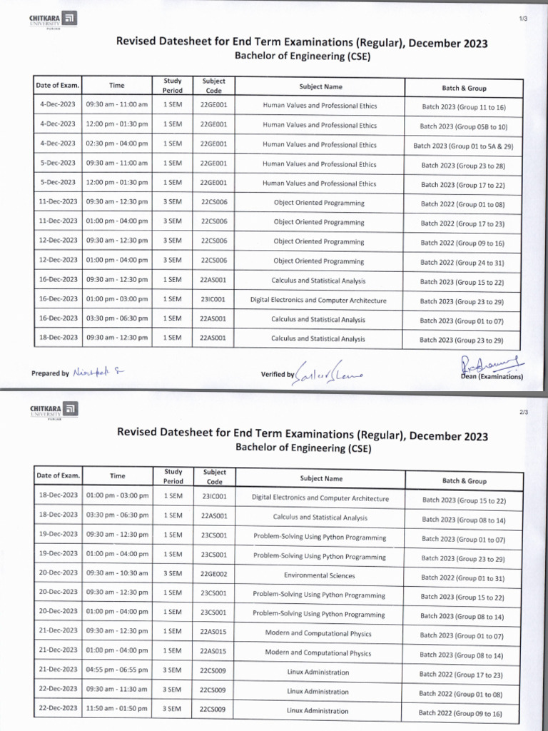 Circular 20231130160004 End Term Date Sheet Be Cse Batch 2023 | PDF
