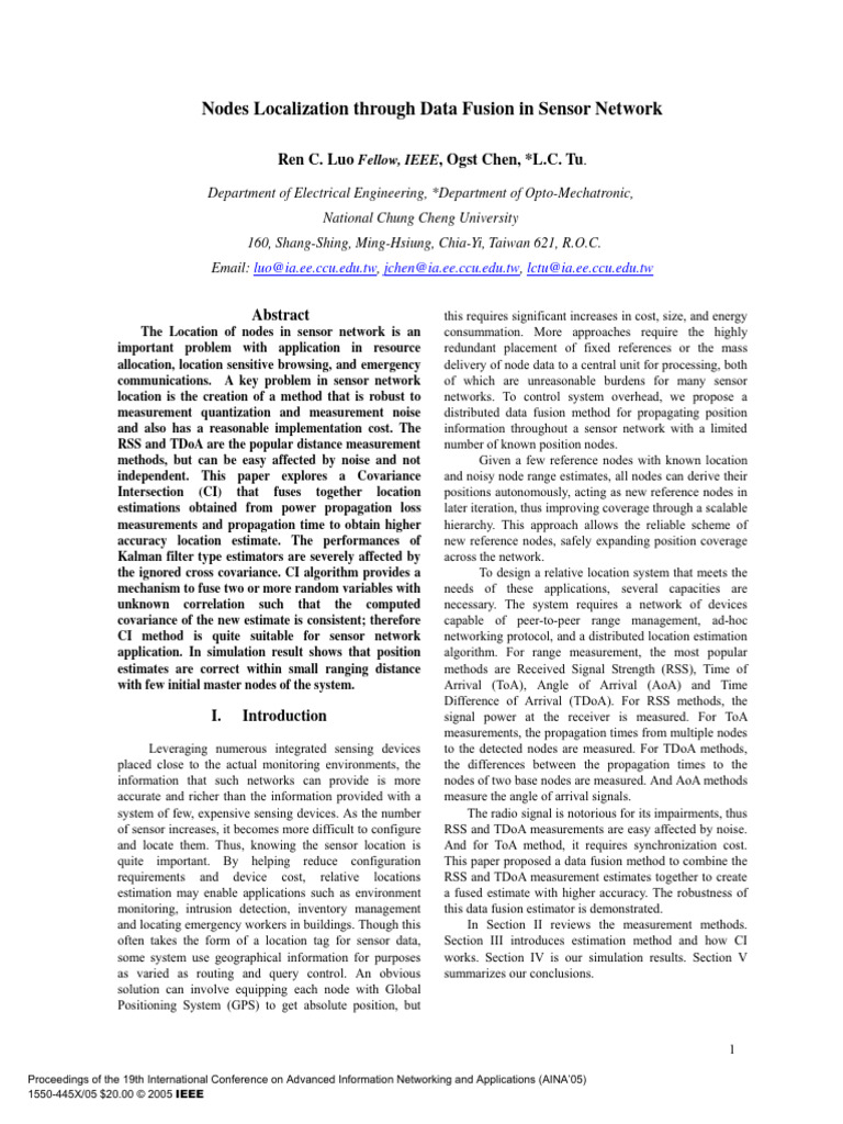 Nodes Localization Through Data Fusion in Sensor Network | PDF | Kalman Filter | Covariance Matrix