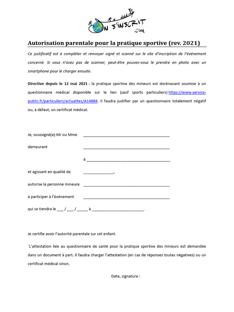 Modele Autorisation Parentale Pratique Sportive 2021 | PDF