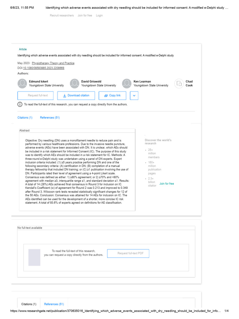 Identifying Which Adverse Events Associated With Dry Needling Should Be Included For Informed ...