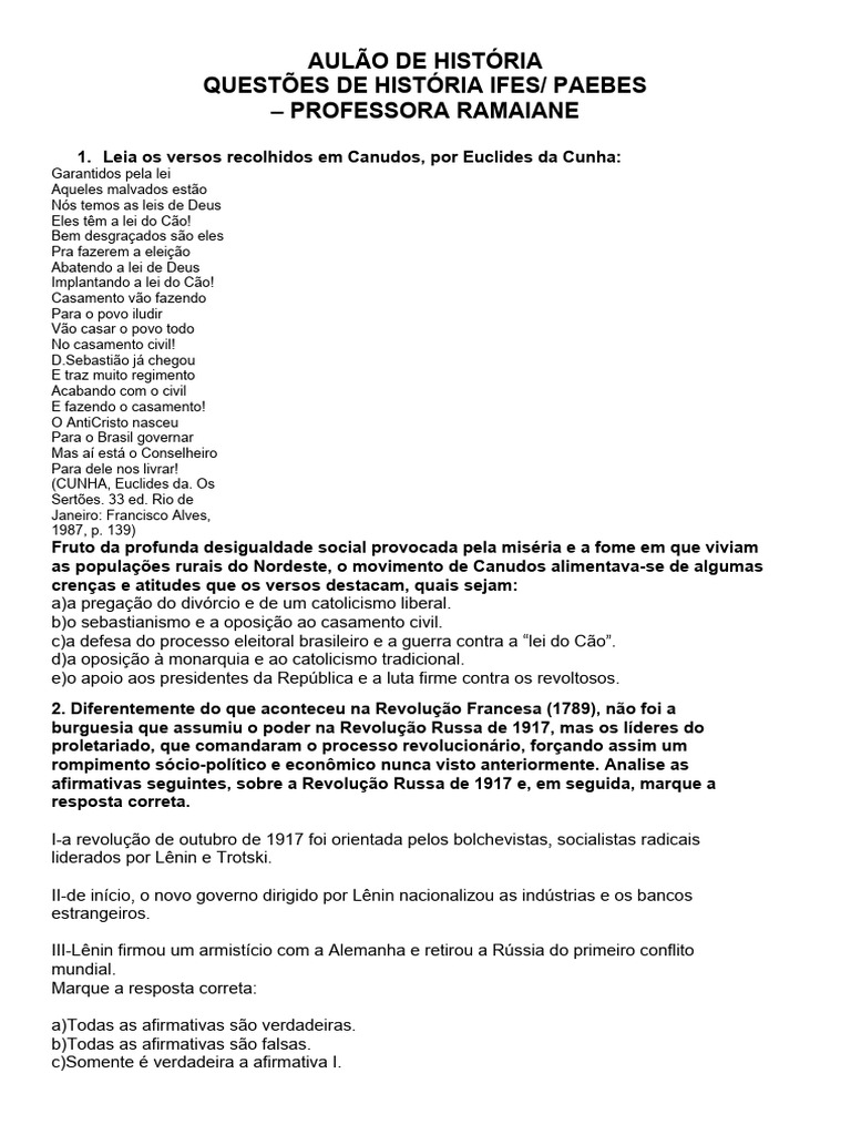 Questões de História para IFES e PAEBES | PDF