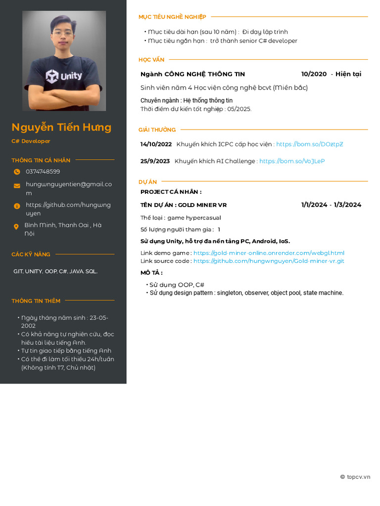CV-Nguyen Tien Hung-C# Intern | PDF