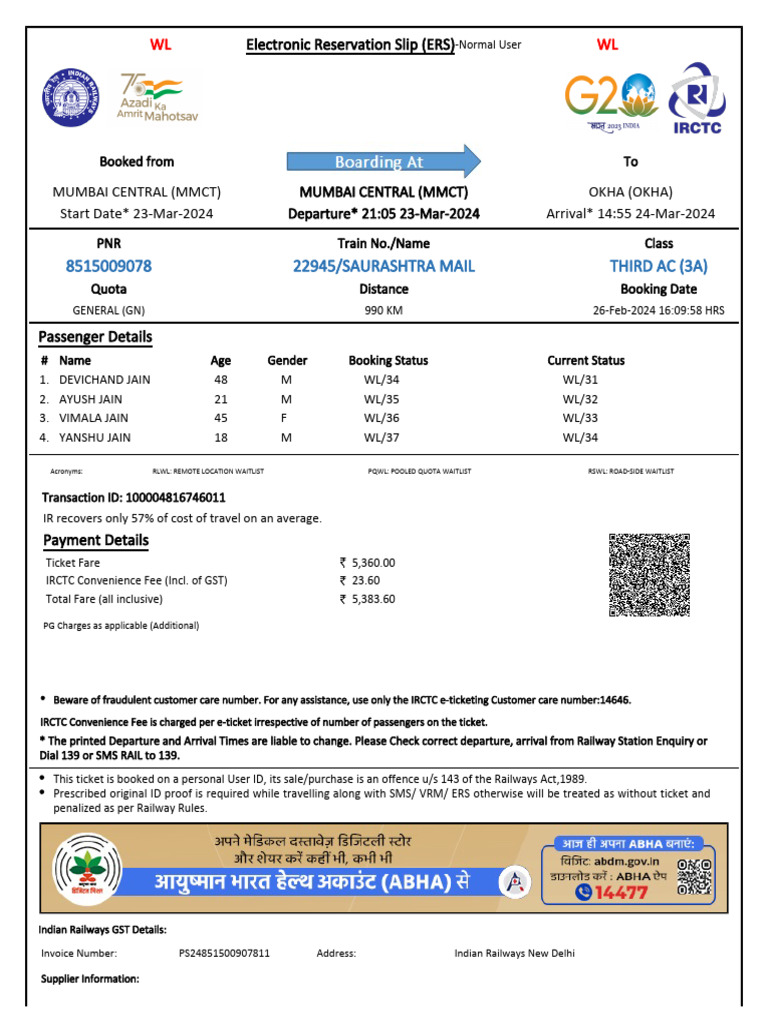 22945/saurashtra Mail Third Ac (3A) : WL WL | PDF | Identity Document ...