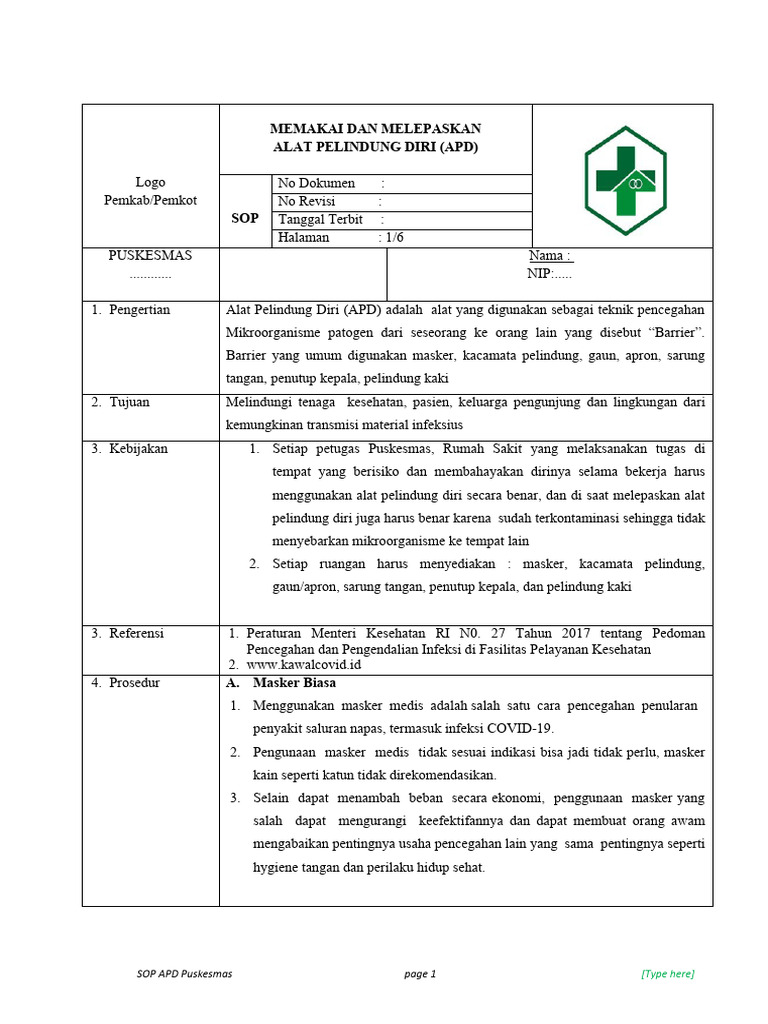Contoh SOP APD Puskesmas | PDF