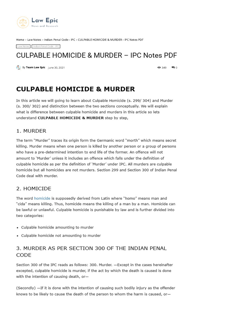 CULPABLE HOMICIDE & MURDER - IPC Notes PDF - Law Epic | PDF