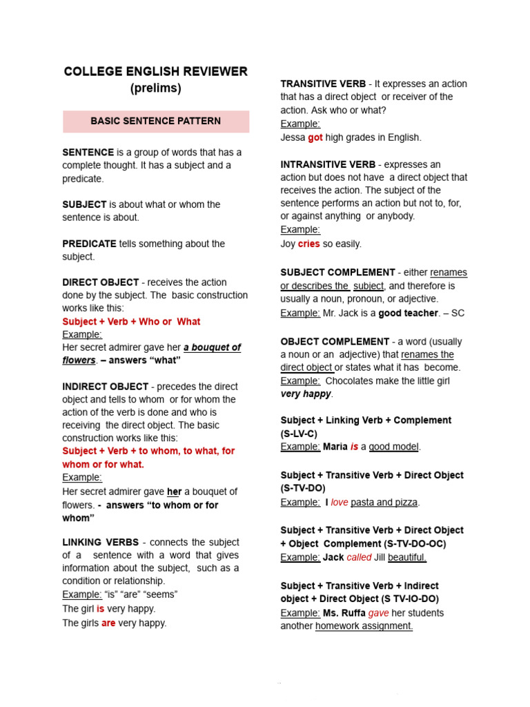 College English Reviewer Prelims | PDF | Verb | Grammatical Number