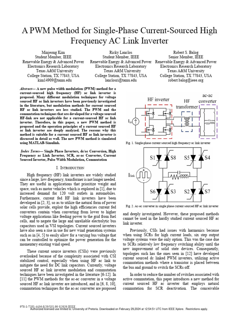 A PWM Method For Single-Phase Current-Sourced High Frequency AC Link ...