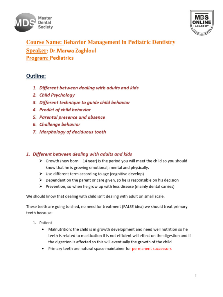 Behavior Management in Pediatric Dentistry by DR Marwa | PDF