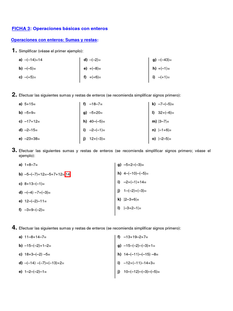 FICHA 3: Operaciones Básicas Con Enteros | PDF