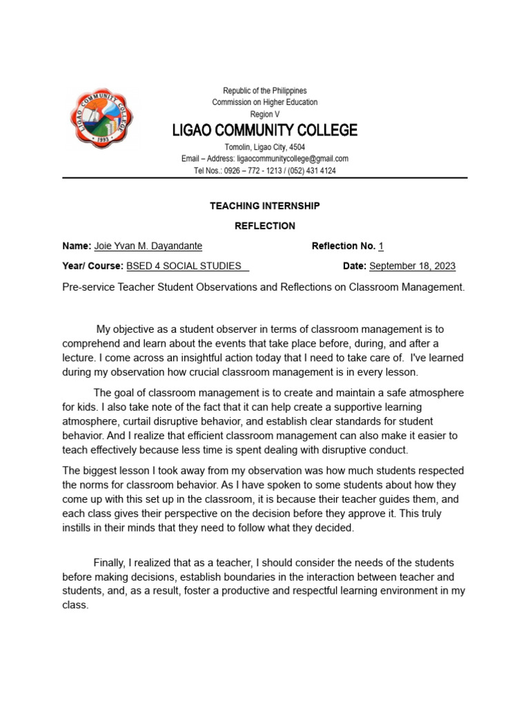 Reflection Week 1 Joie | PDF | Classroom Management | Teachers